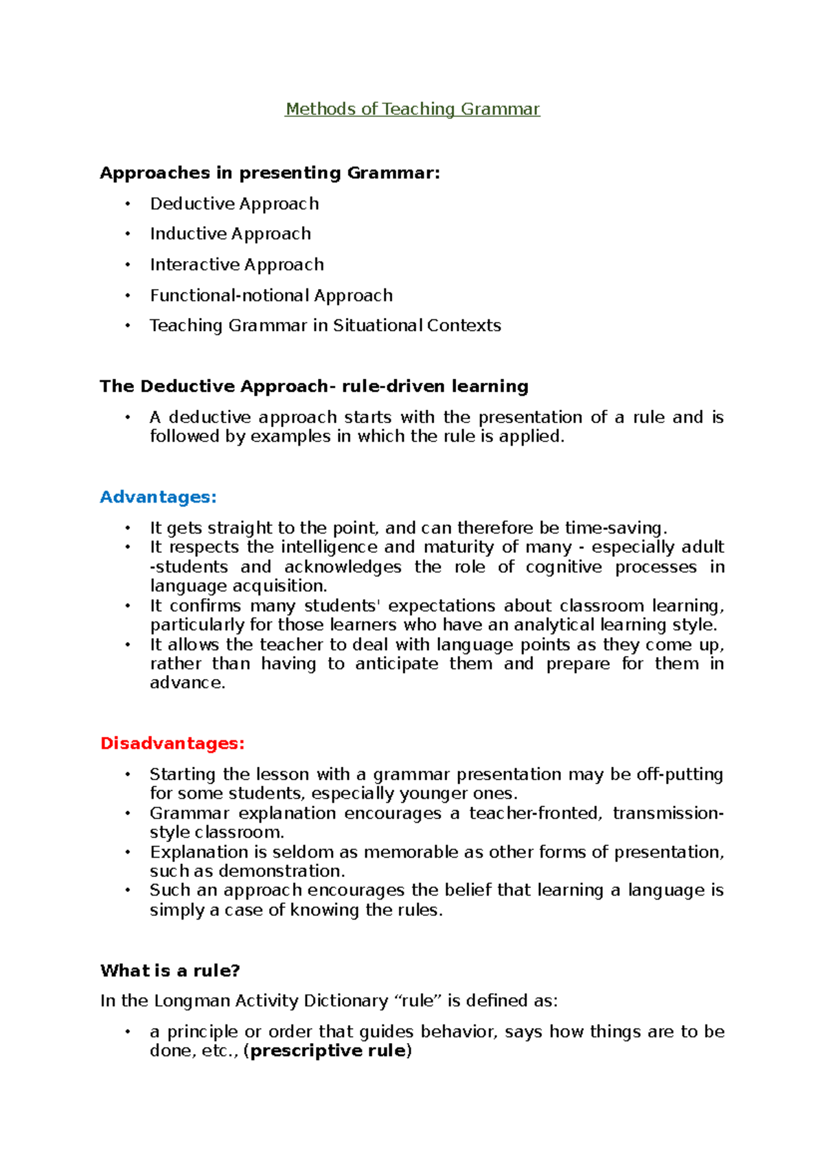 Teaching and Assessment of Grammar Methods OF Teaching Grammar ...