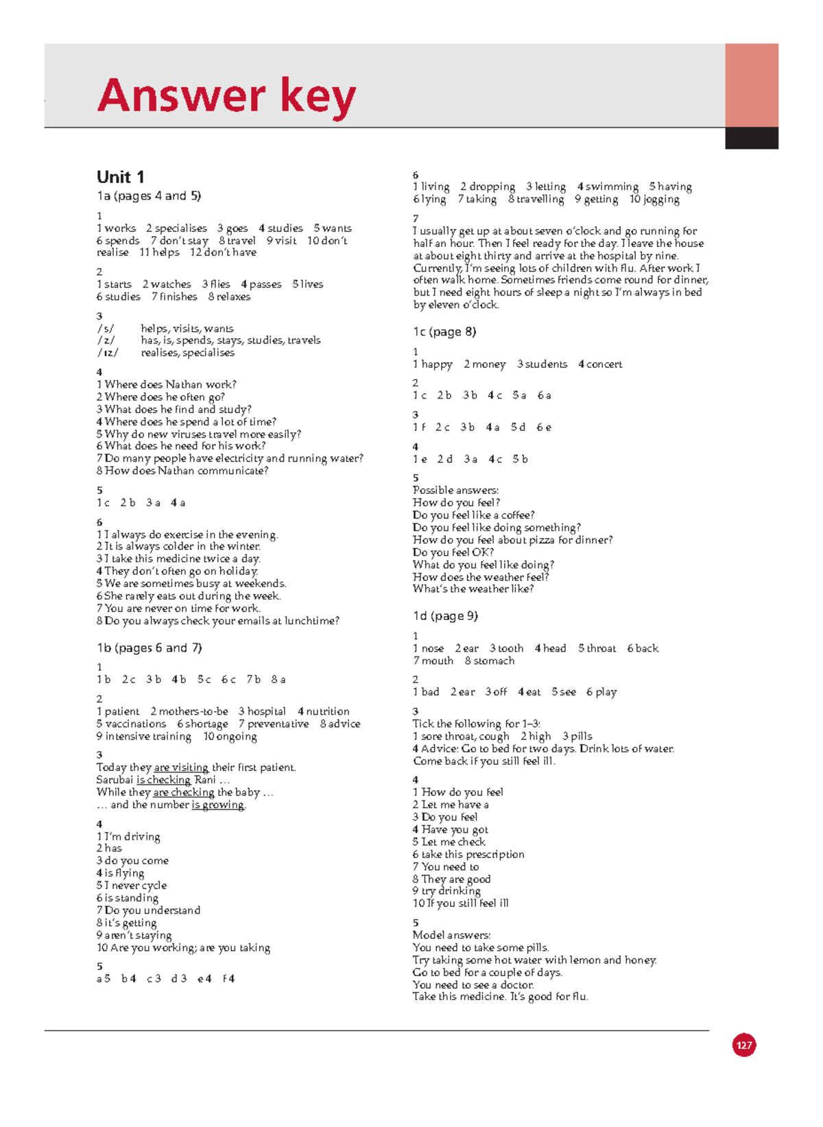 Workbook Answer Key English Answer Key Unit 1 1a pages 4 And 5 1