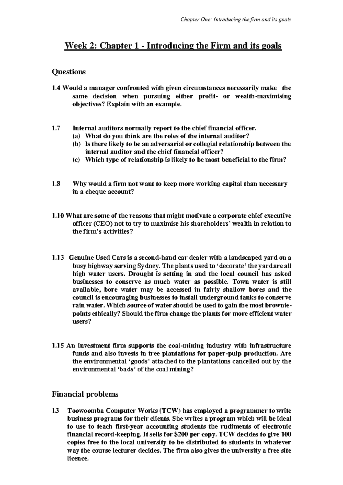 Chapter 1 Tutorial Questions - Chapter One: Introducing the firm and ...