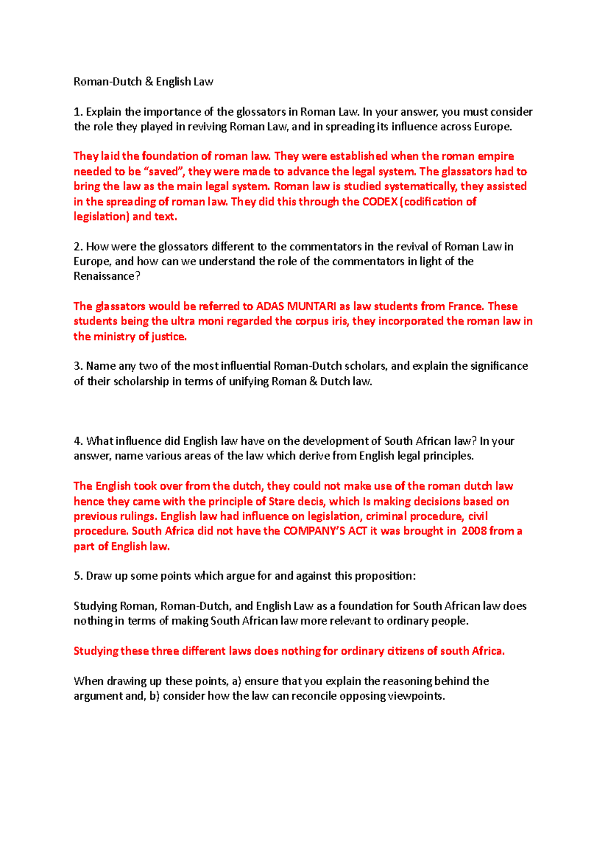 Roman Law tut 2 questions - Roman-Dutch & English Law Explain the ...