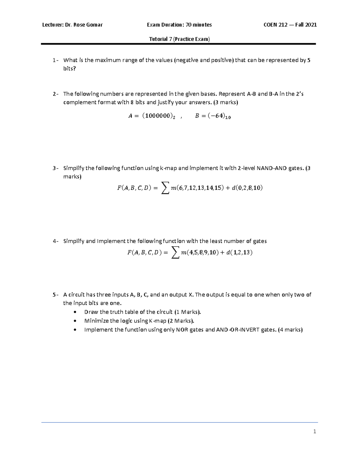 Tutorial 7 Sample Midterm Lecturer Dr Rose Gomar Exam Duration 70 Minutes Coen 212 — Fall