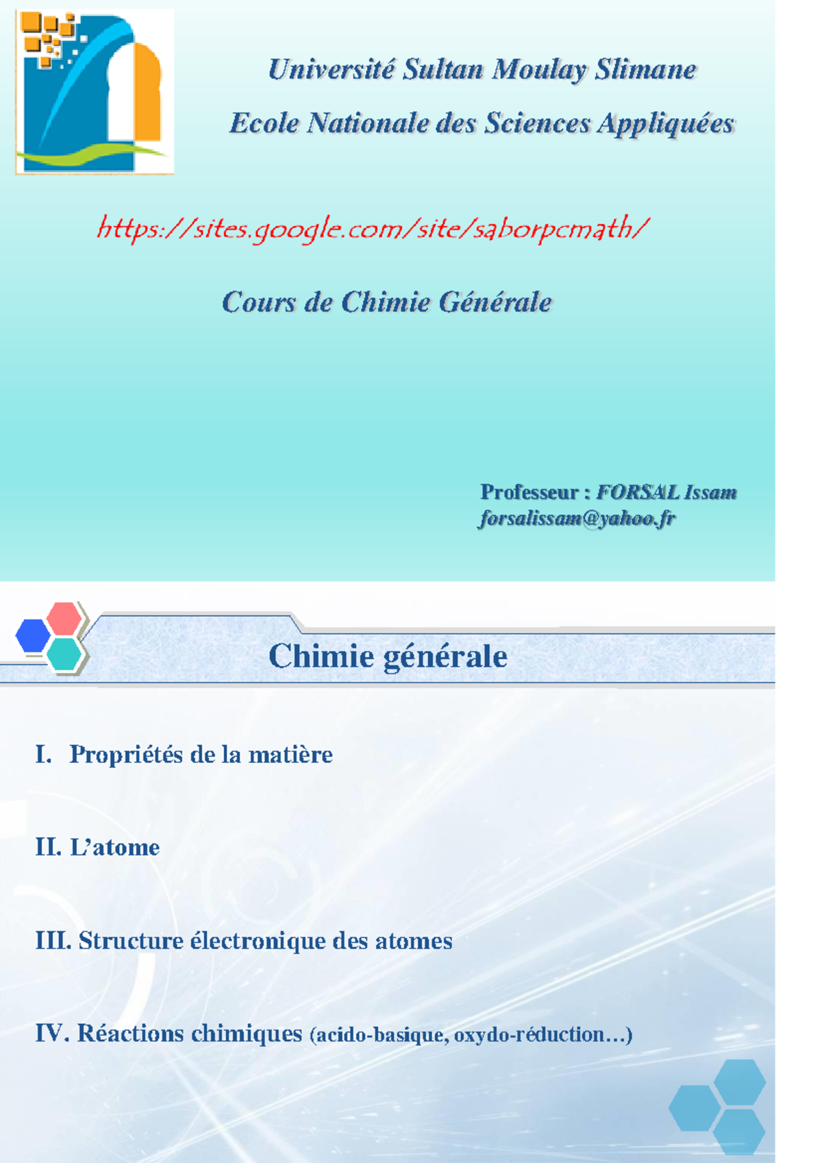 Cours Atomistique Liaison Chimique Reactions Chimiques ENSA-BM 2020 ...