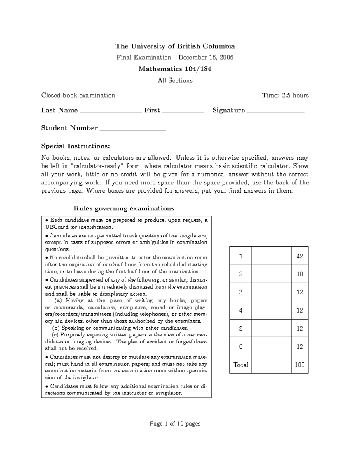 2006 W1 - Practice Final Exam - Math 104/184 - The University of ...