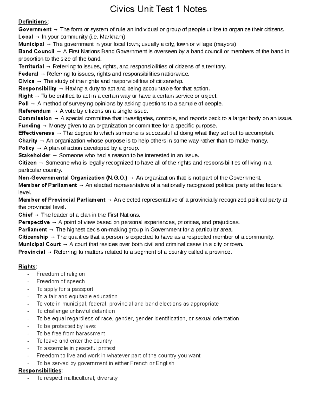 Civics Unit 2 Test 1 Notes - Definitions: Government → The form or ...