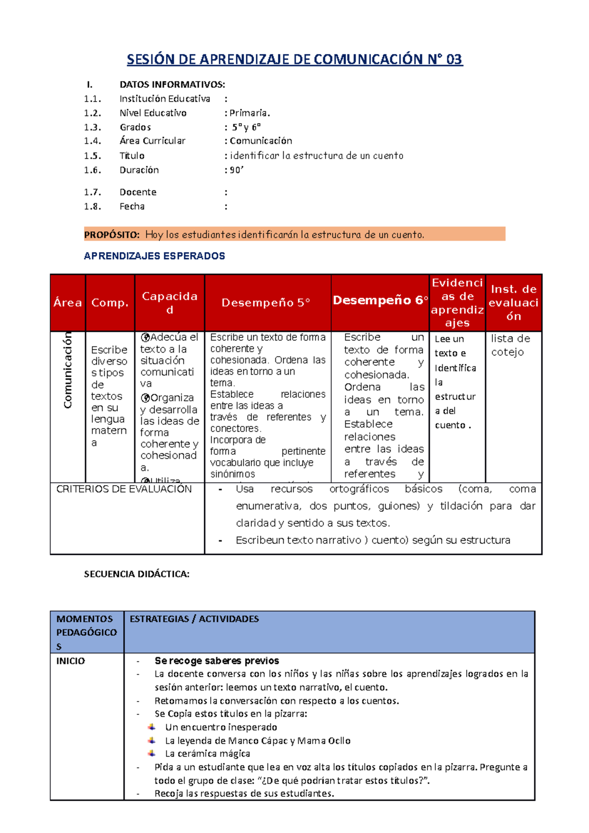 Sesion DE Aprendizaje Nº3 - SESIÓN DE APRENDIZAJE DE COMUNICACIÓN N° 03 I. DATOS INFORMATIVOS ...