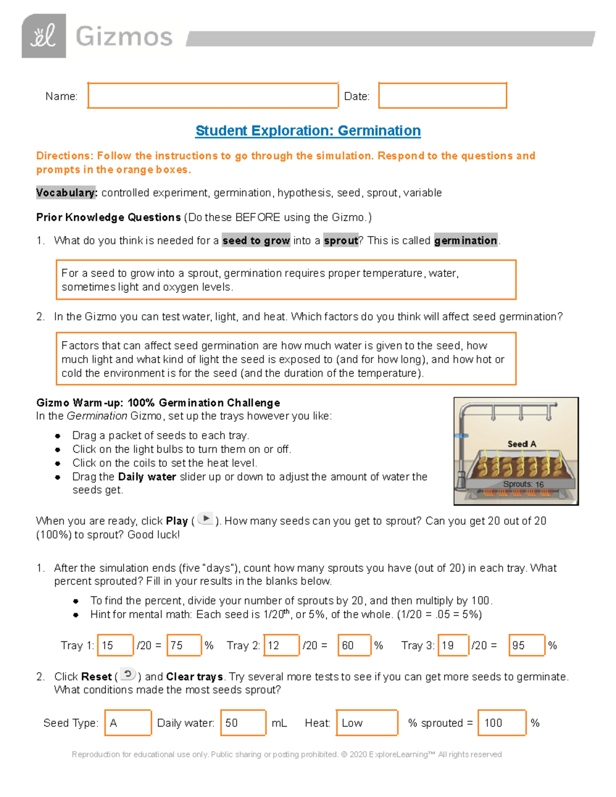 Germination SE - Gizmo - Name: Date: Student Exploration: Germination ...