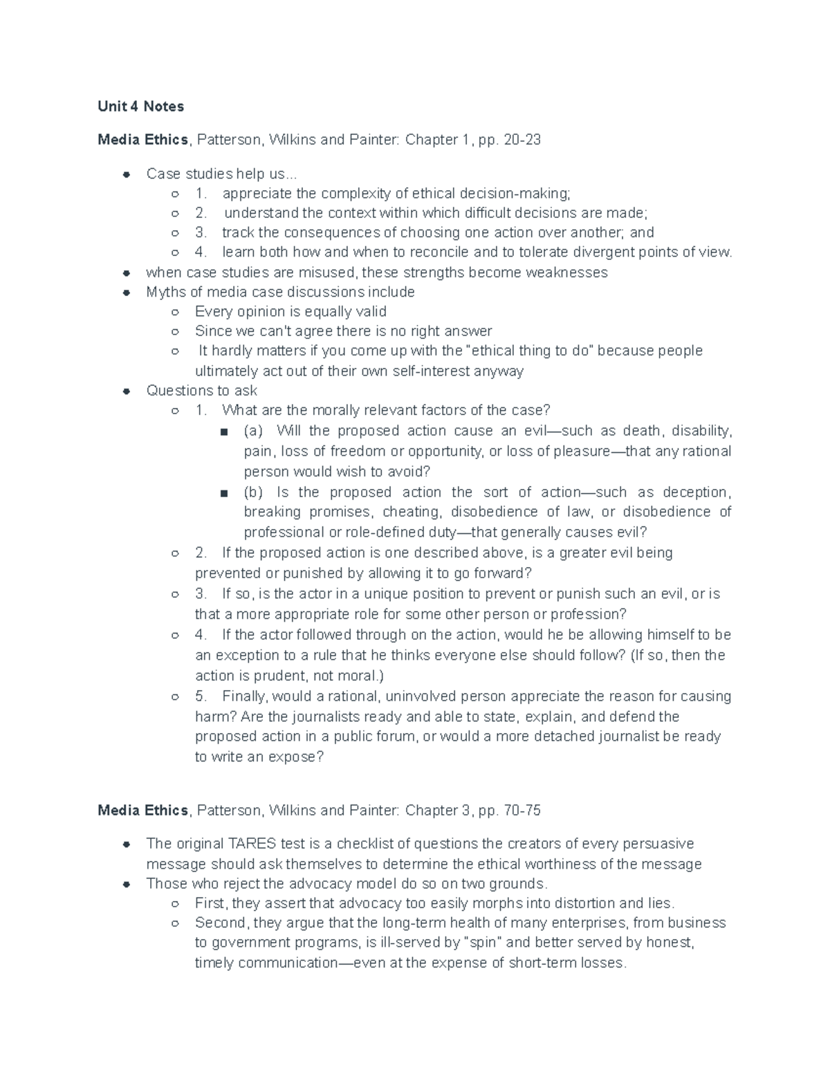 Unit 4 Lecture Notes - Unit 4 Notes Media Ethics , Patterson, Wilkins ...