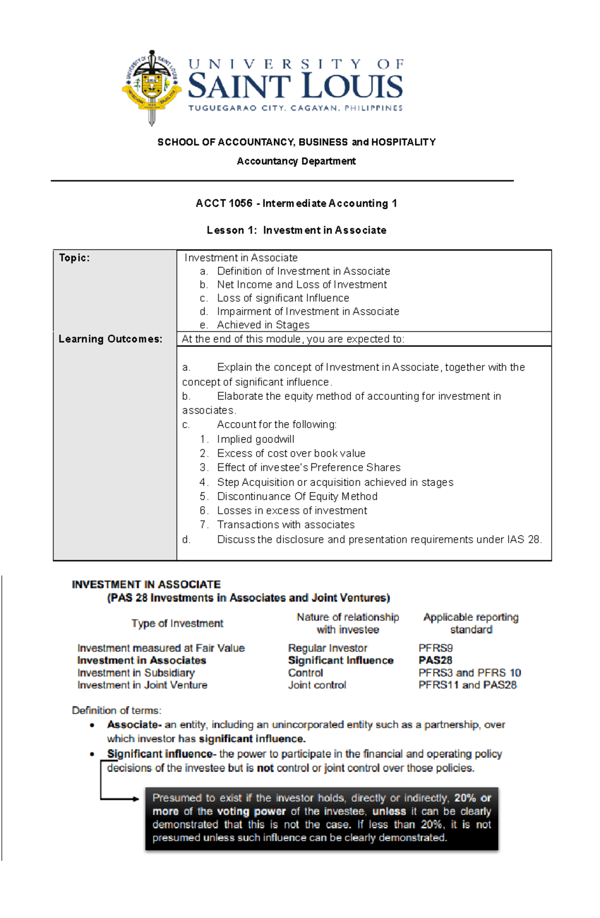 Lesson 1 - Investment in Associates - SCHOOL OF ACCOUNTANCY, BUSINESS ...