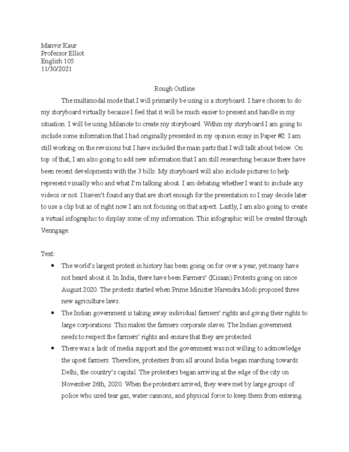 Rough Outline . - Manvir Kaur Professor Elliot English 105 11/30/ Rough ...