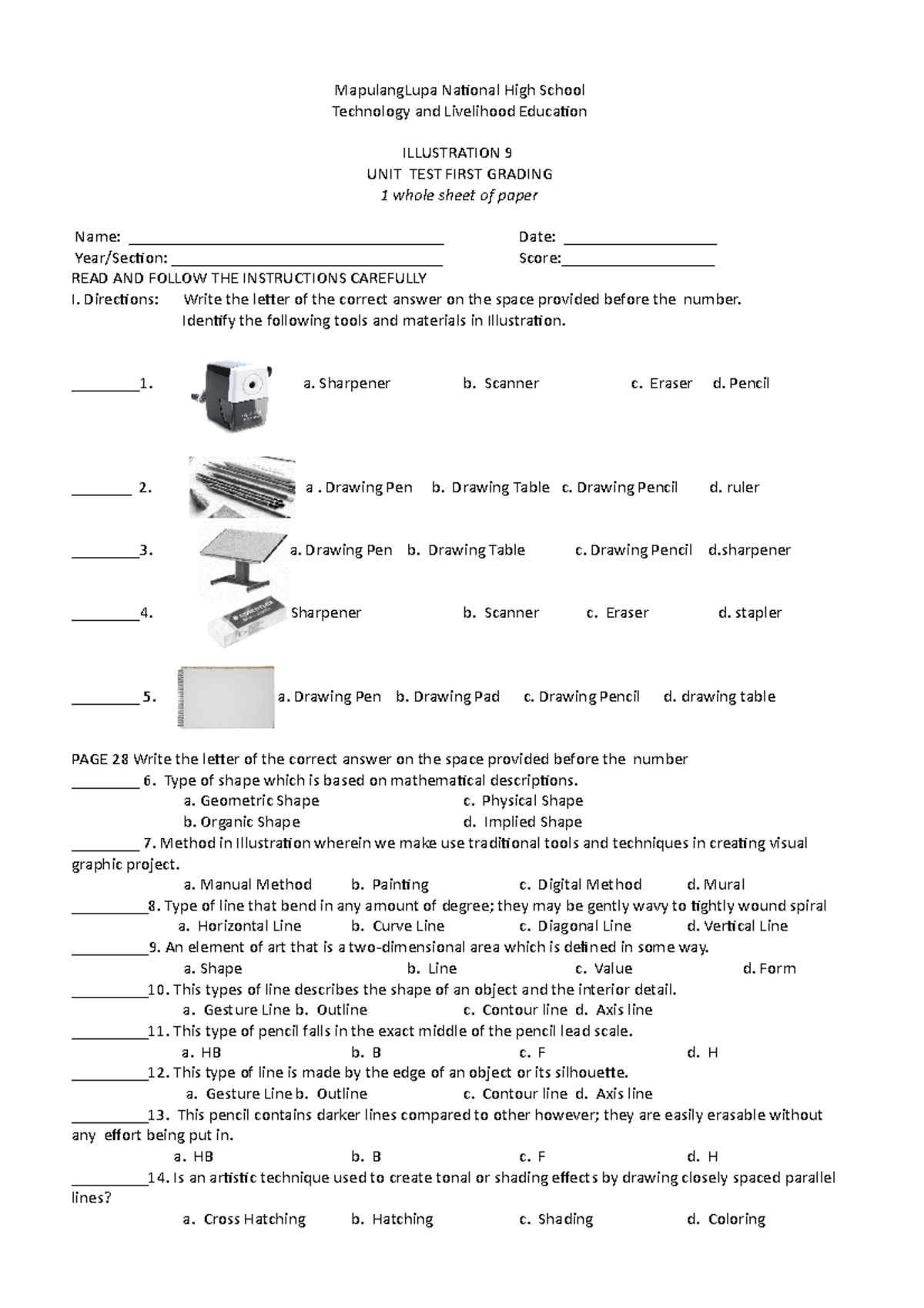 UNIT TEST test in illustration 9 first grading - MapulangLupa National ...