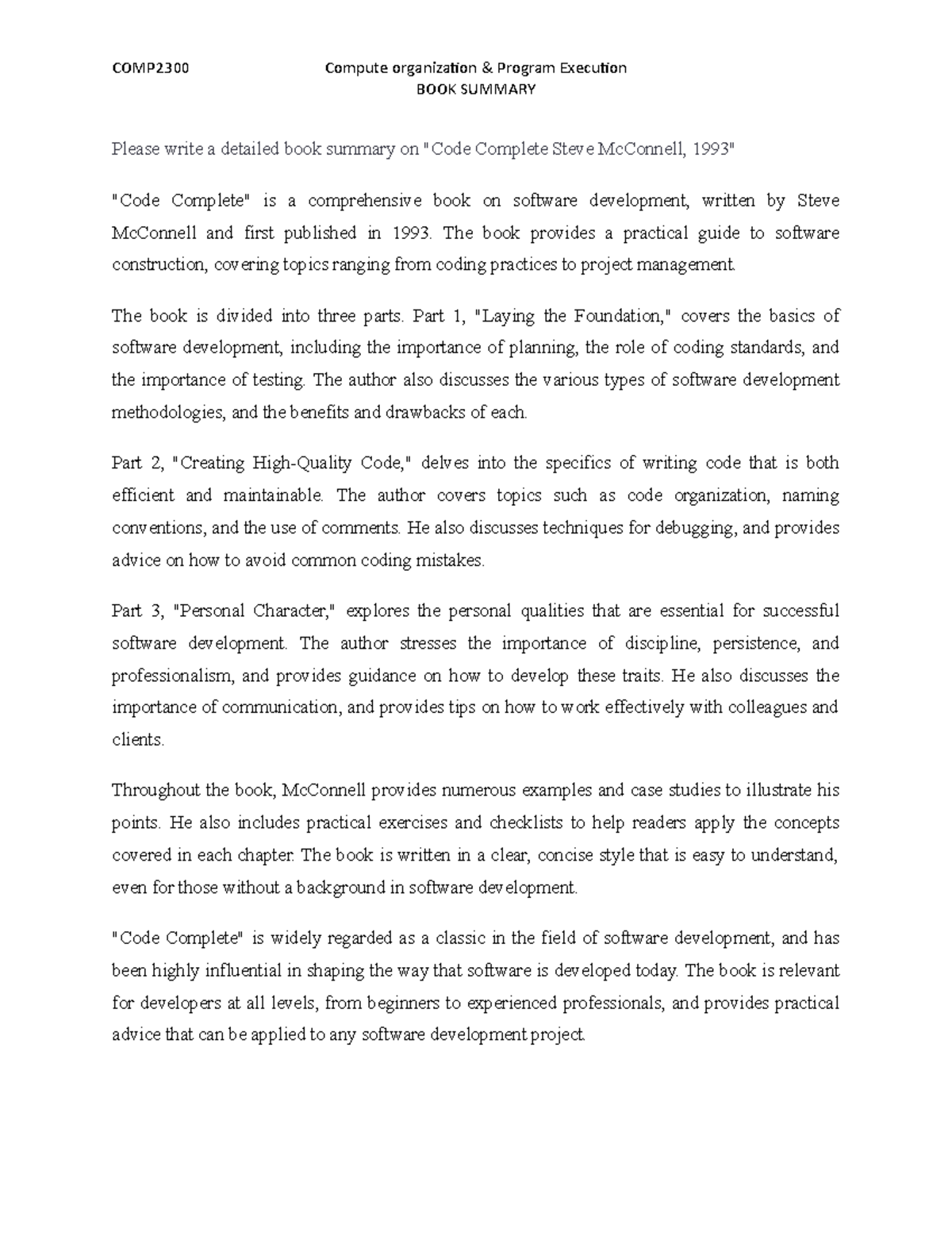 Please write a detailed book summary on Code Complete - BOOK SUMMARY ...