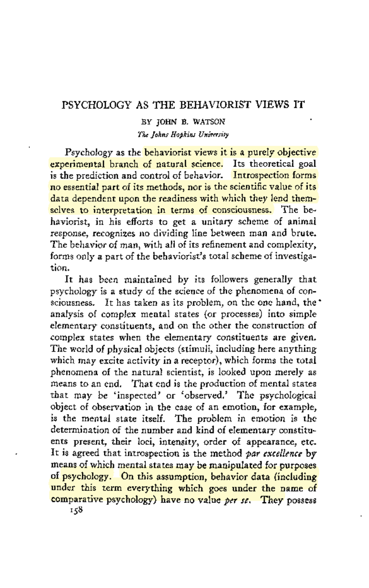 Watson 1913 - papers. - PSYCHOLOGY AS THE BEHAVIORIST VIEWS IT BY JOHN ...