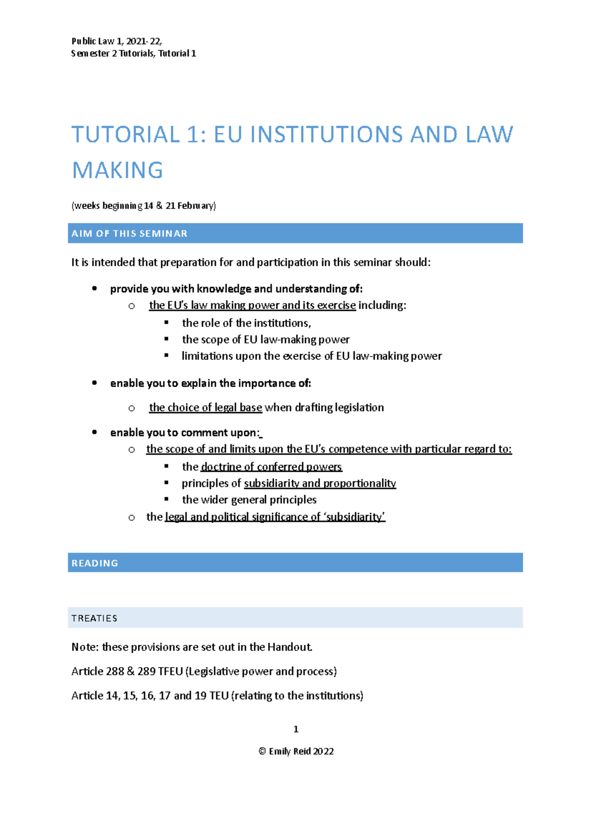 Tutorial 1 EU Institutions and Law-making - Semester 2 Tutorials ...