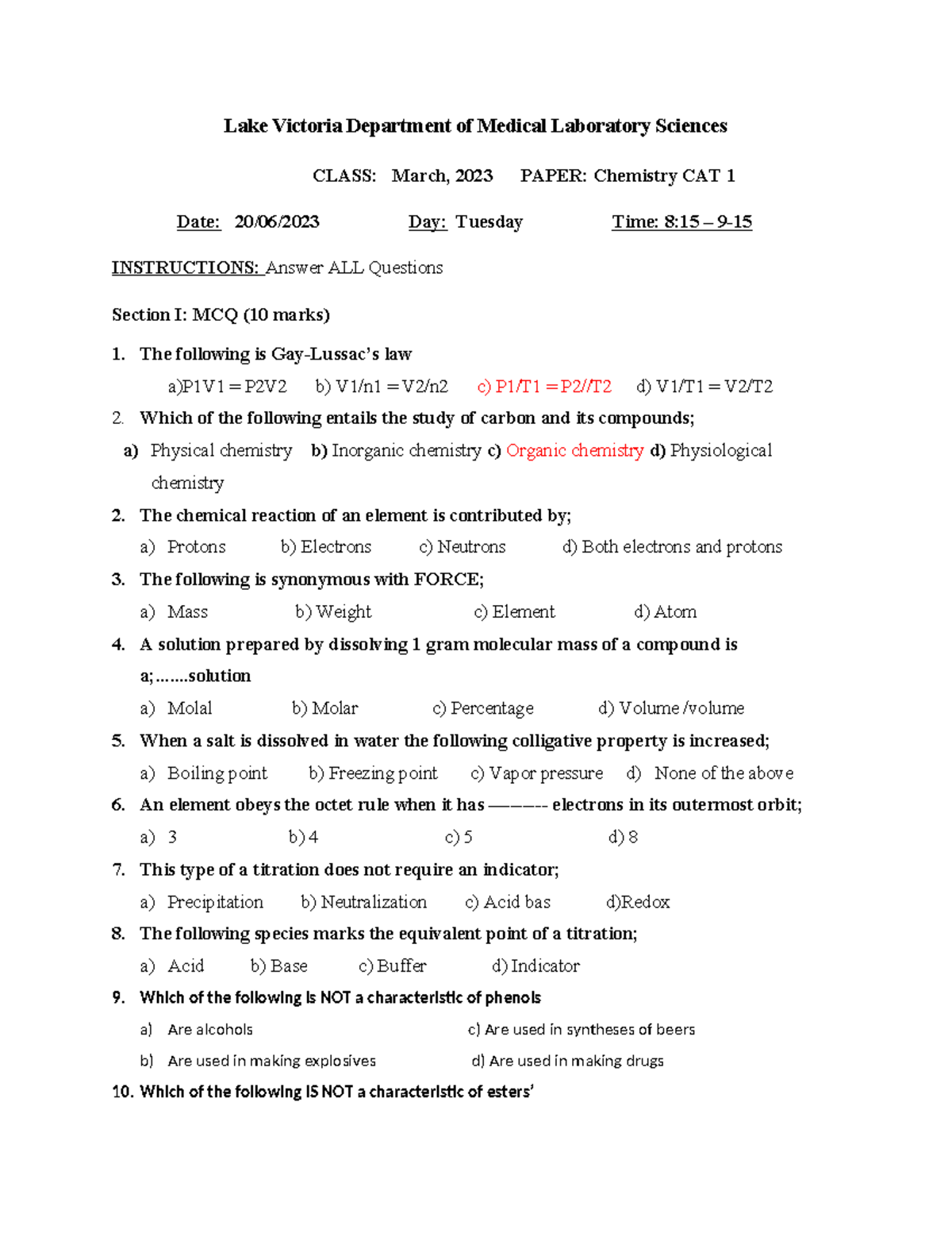 Chemistry exams marking scheme March, 2023 - Lake Victoria Department ...