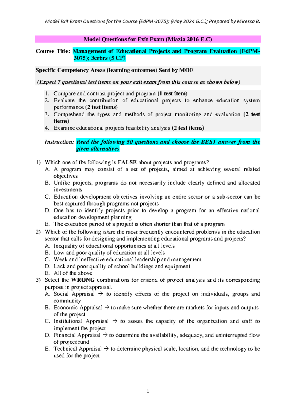 Model Questions for Mgt of Educ Projects & PE Ed PM 3075 - Model ...