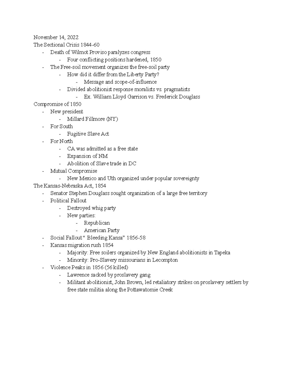 History 11 14 - James Jeffries - November 14, 2022 The Sectional Crisis ...