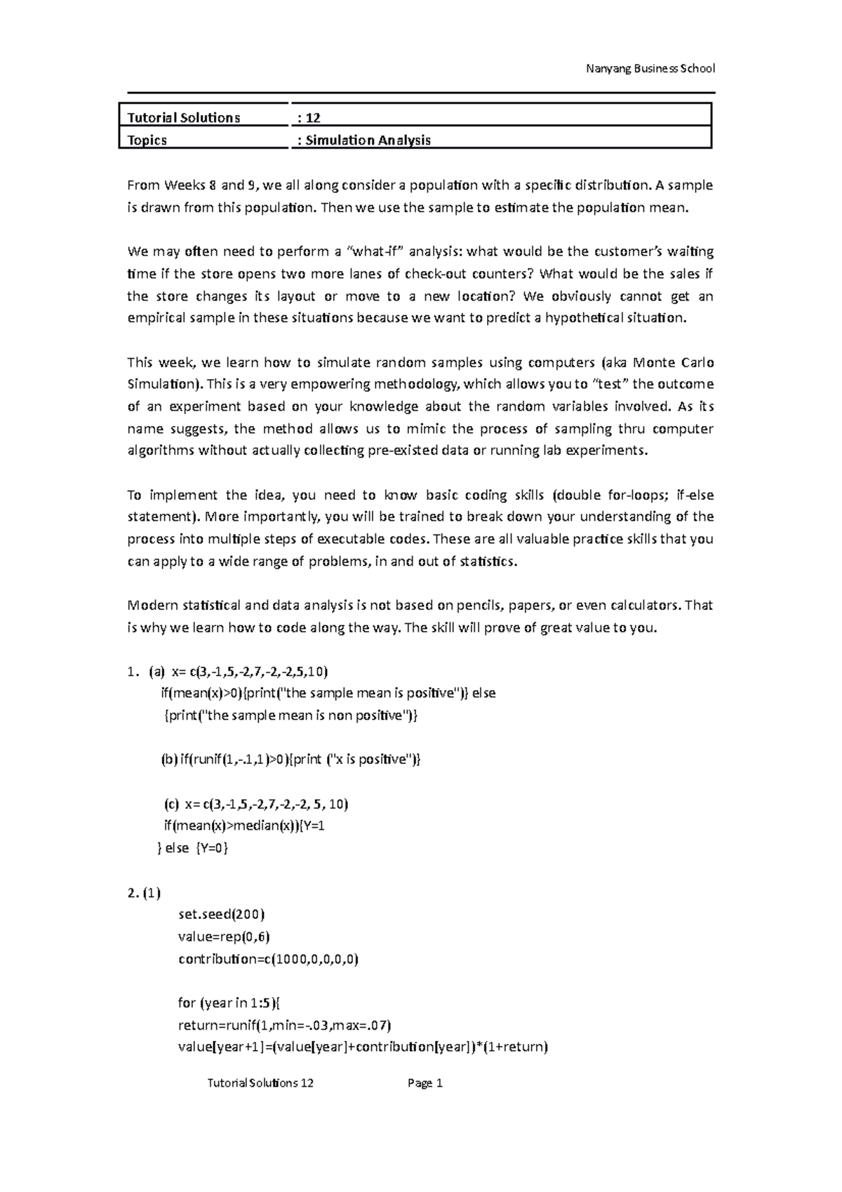 Solutions week 12 - Tutorial Solutions : 12 Topics : Simulation ...