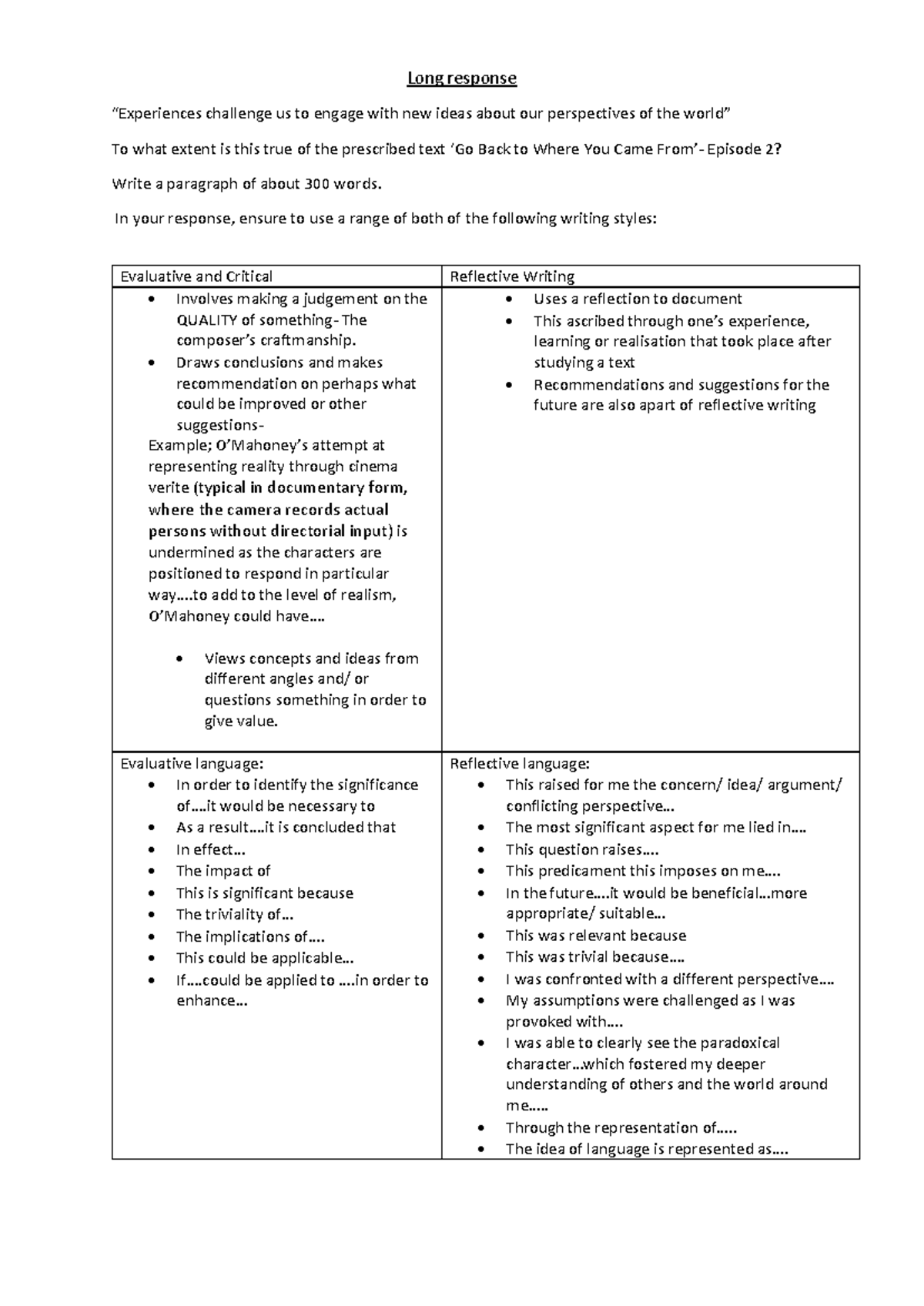 Paragraph writing Episode 2 - Long response “Experiences challenge us ...