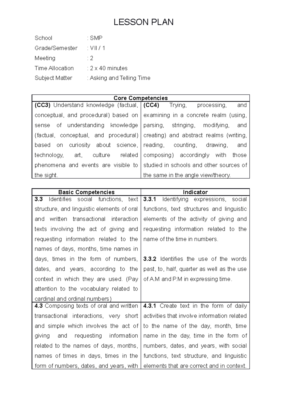 RPP 7th Grade (Telling Time) - School : SMP Grade/Semester : VII / 1 ...