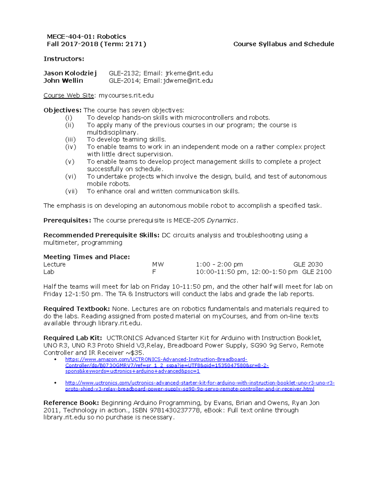 Robotics syllabus 2181 rev7 - Robotics Fall (Term: 2171) Course ...