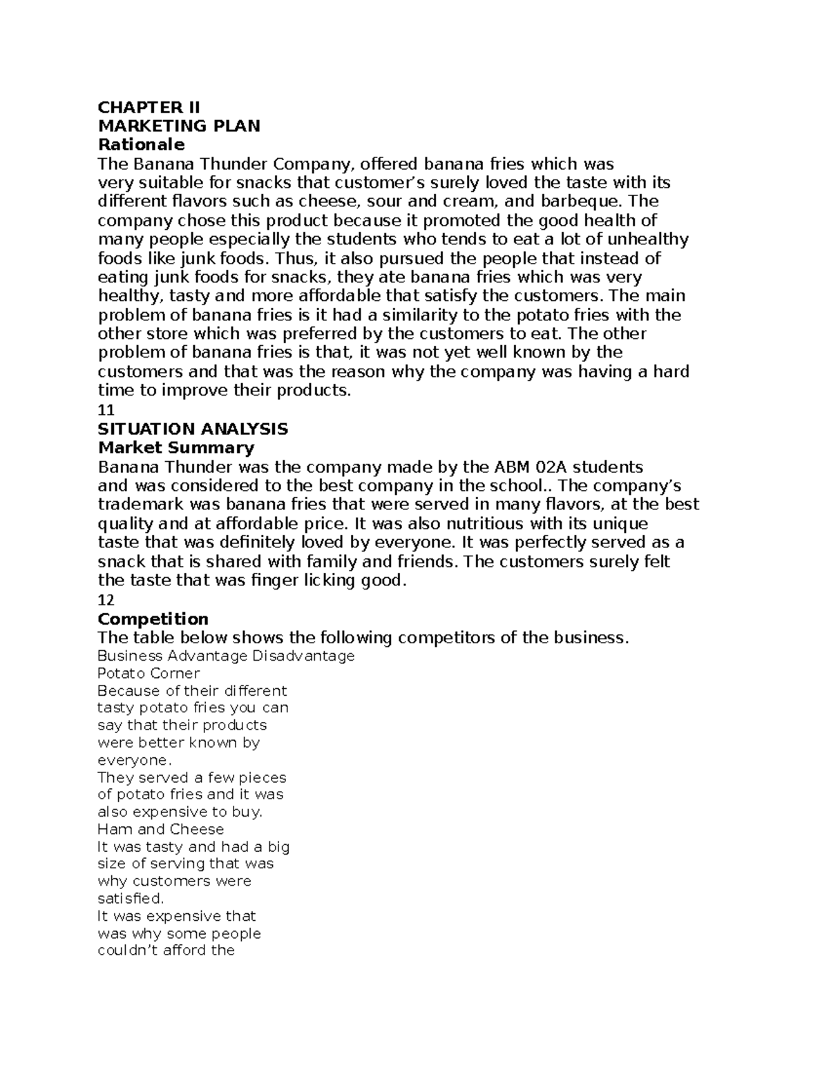 Chapter II - Banana Business - CHAPTER II MARKETING PLAN Rationale The ...