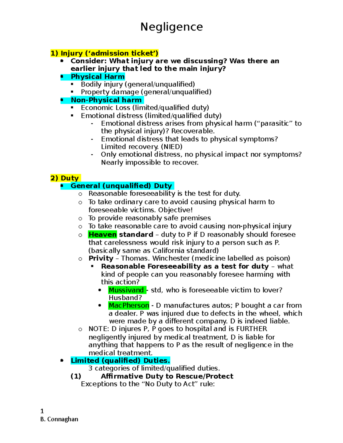 Torts - Negligence - Exam Prep Materials - Prof. Duff - 1)Injury ...