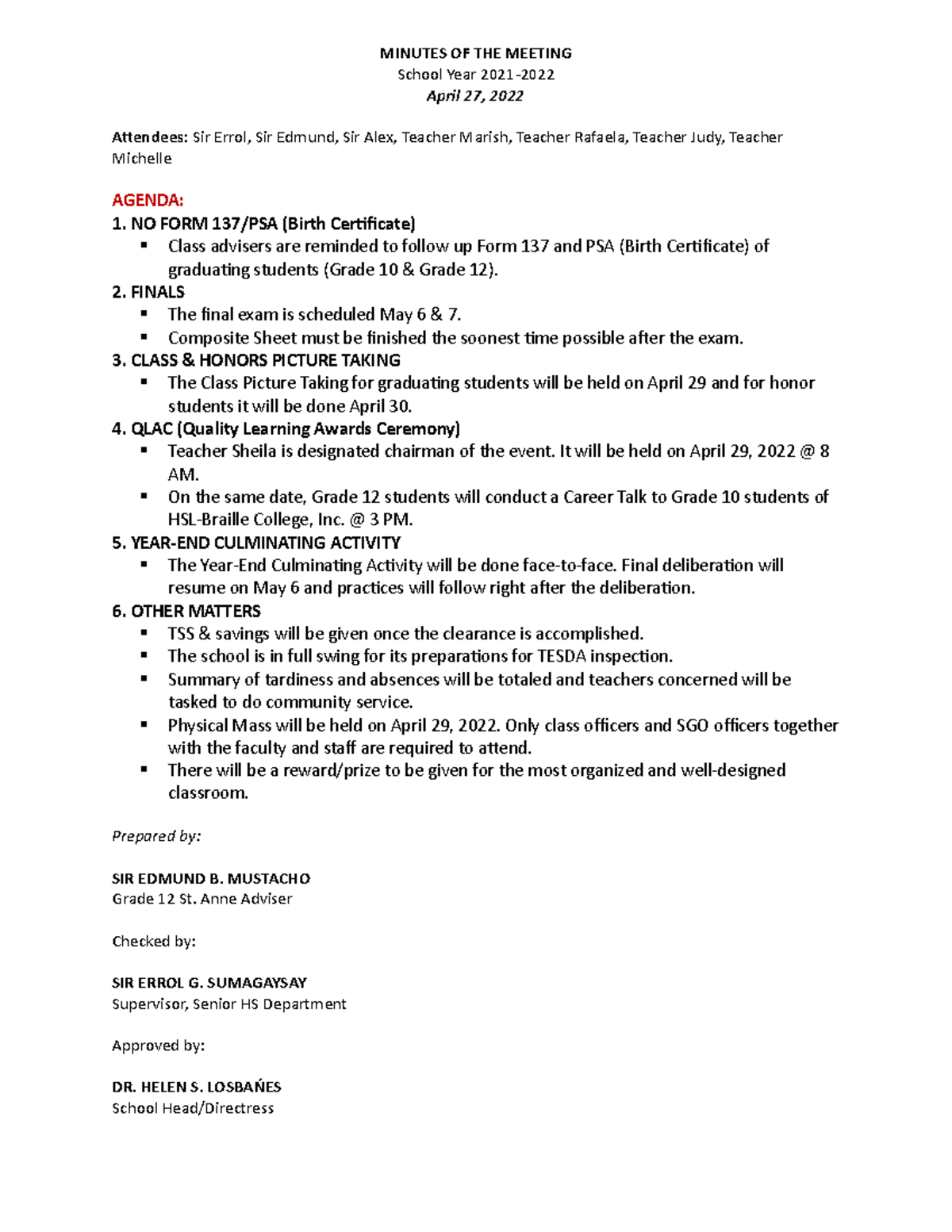 Minutes OF THE Meeting 5 - MINUTES OF THE MEETING School Year 2021 ...