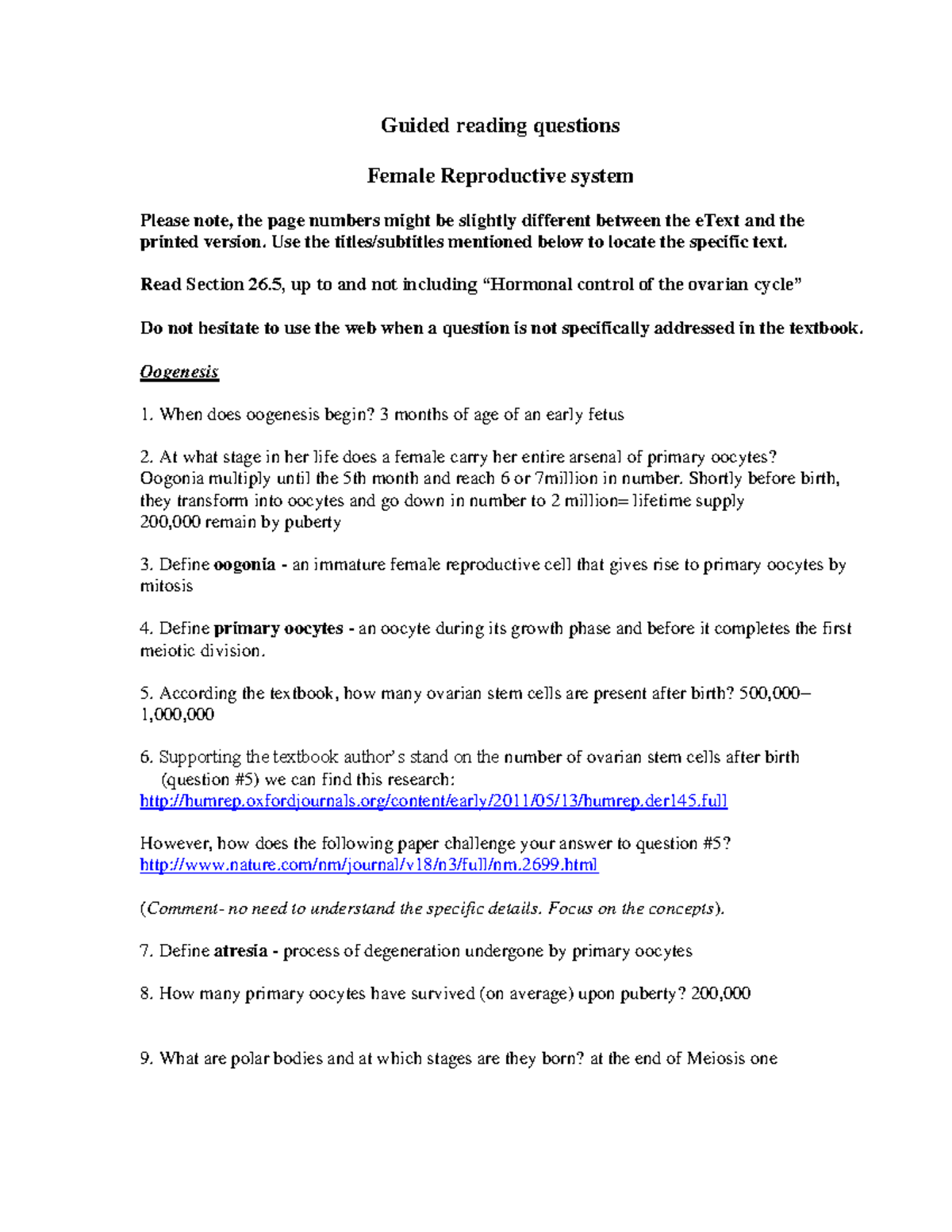 15 - GRQ- Female Reproductive System - Guided reading questions Female ...