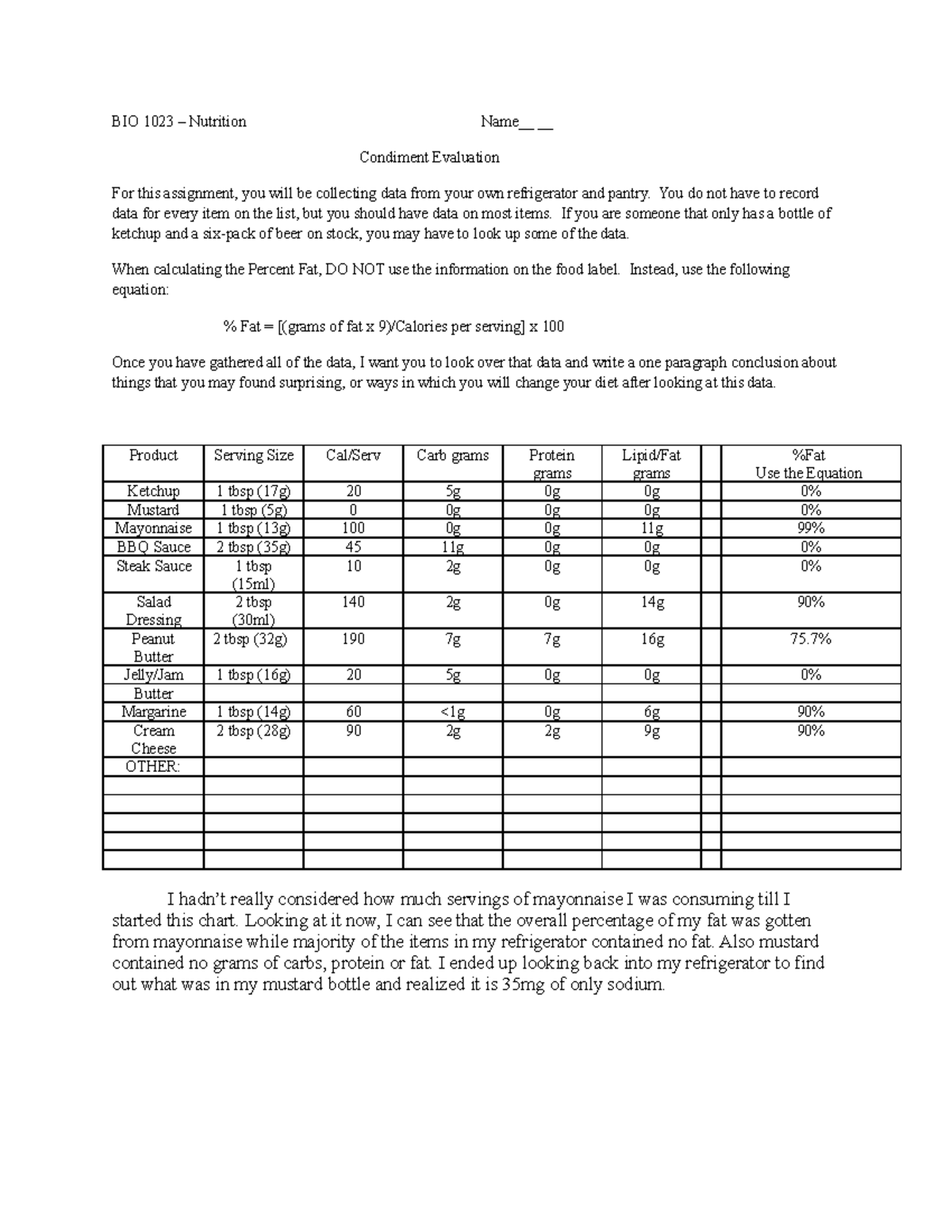 Bio 1023Condiment 2017 Final - BIO 1023 – Nutrition Name__ __ Condiment ...