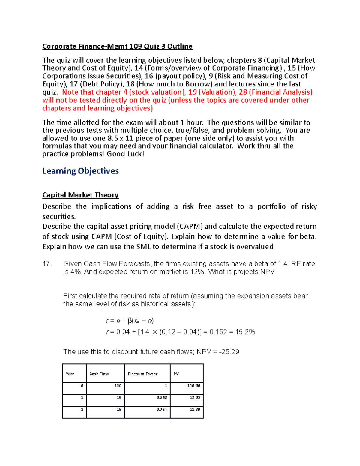 Mgmt 109 Final Quiz 3 Outline - Corporate Finance-Mgmt 109 Quiz 3 ...
