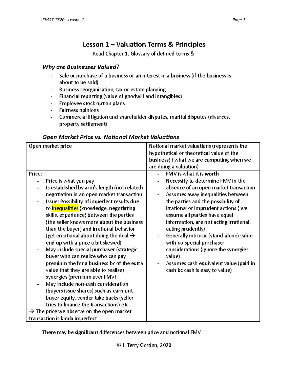 Lesson 1 lecture notes - business valuation - Lesson 1 – Valuation ...