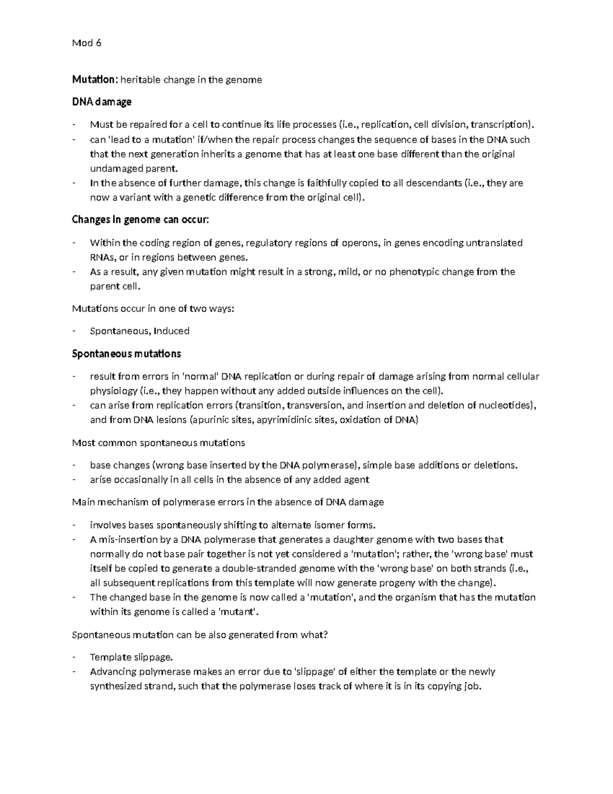 Module 6 notes - Mutation: heritable change in the genome DNA damage ...