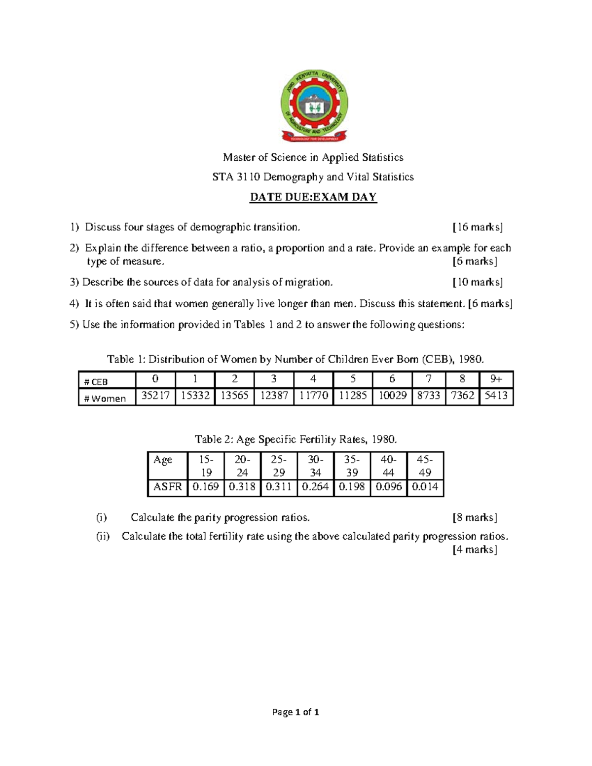 Demography And Vital Statistics Page 1 Of 1 Master Of Science In Applied Statistics Sta 3110