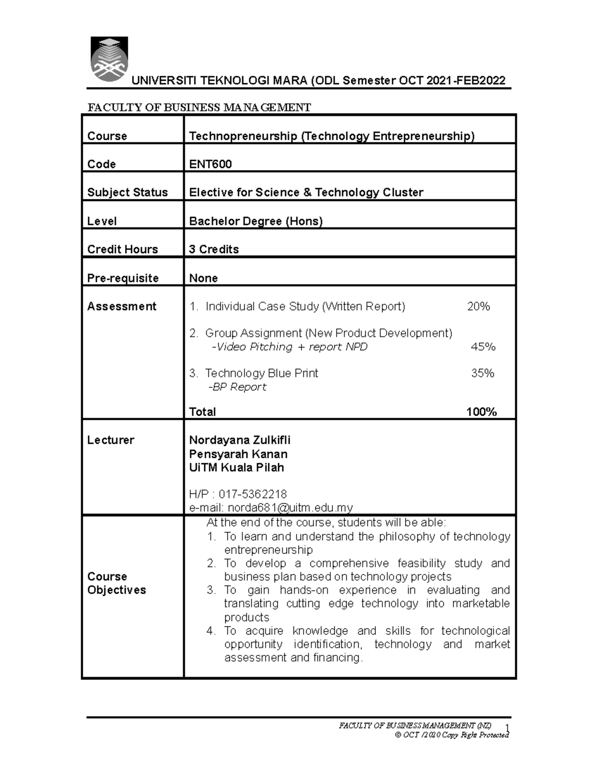 ENT600 Scheme of Work Dayana OCT 2021 ODL - UNIVERSITI TEKNOLOGI MARA ...