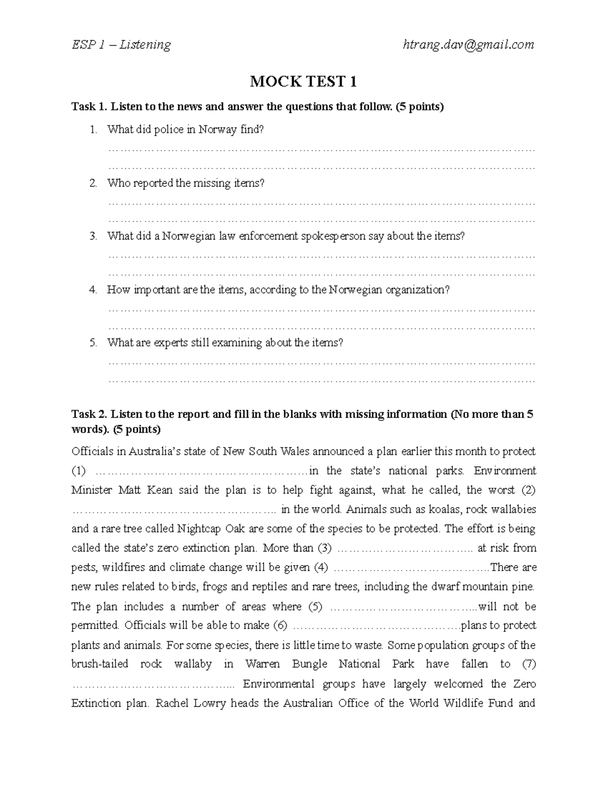 [ESP1] Mock test 1 - mock test - ESP 1 – Listening htrang@gmail MOCK ...