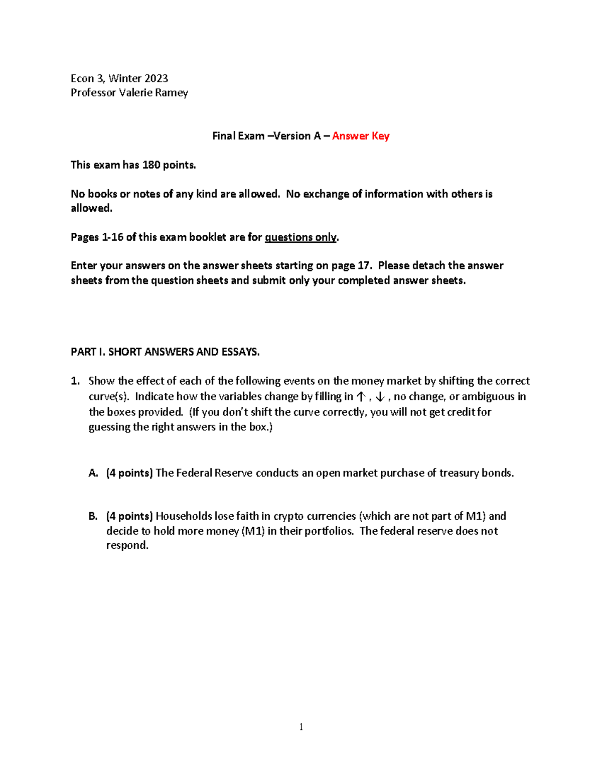 Econ3 Final A W23 Answer key - Econ 3, Winter 2023 Professor Valerie ...