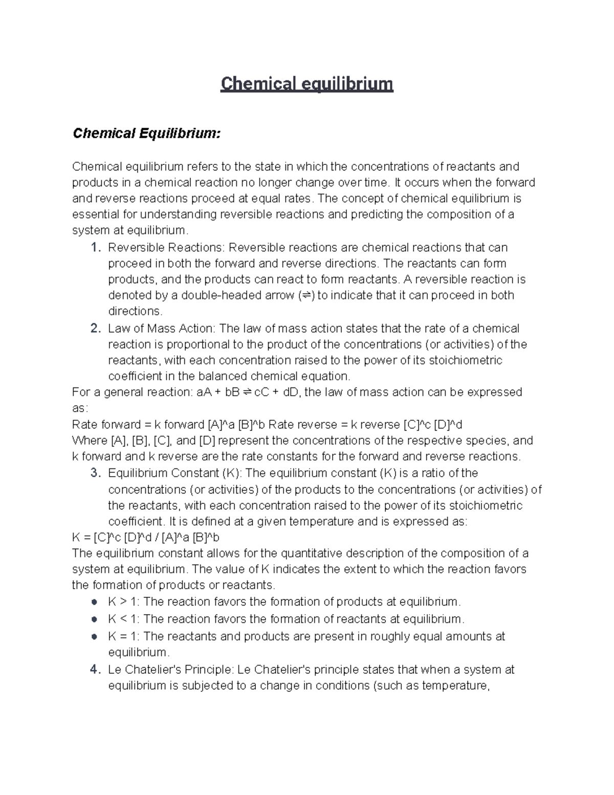 Notes on Chemical equilibrium - Chemical equilibrium Chemical ...