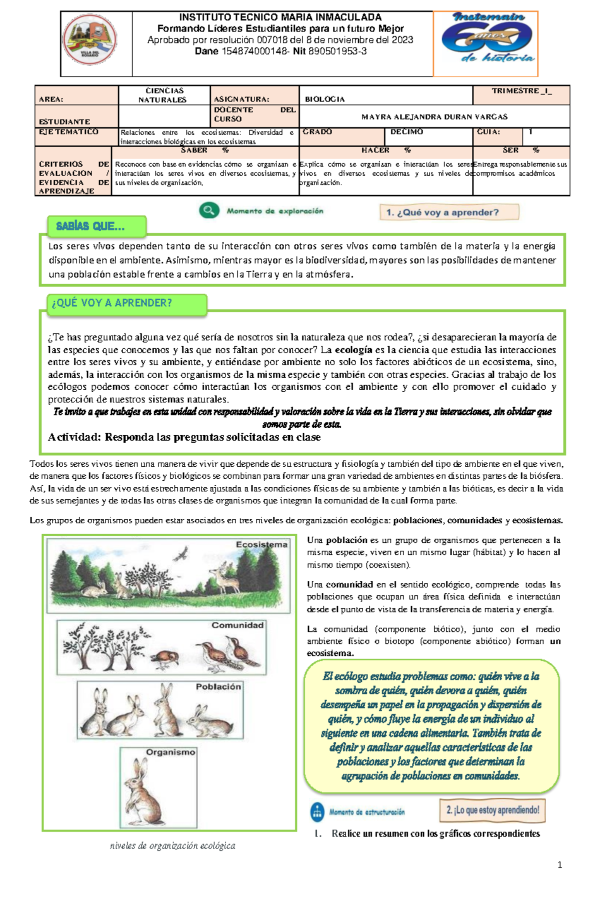 Guia 1 interacciones entre los ecosistemas 10 - INSTITUTO TECNICO MARIA ...