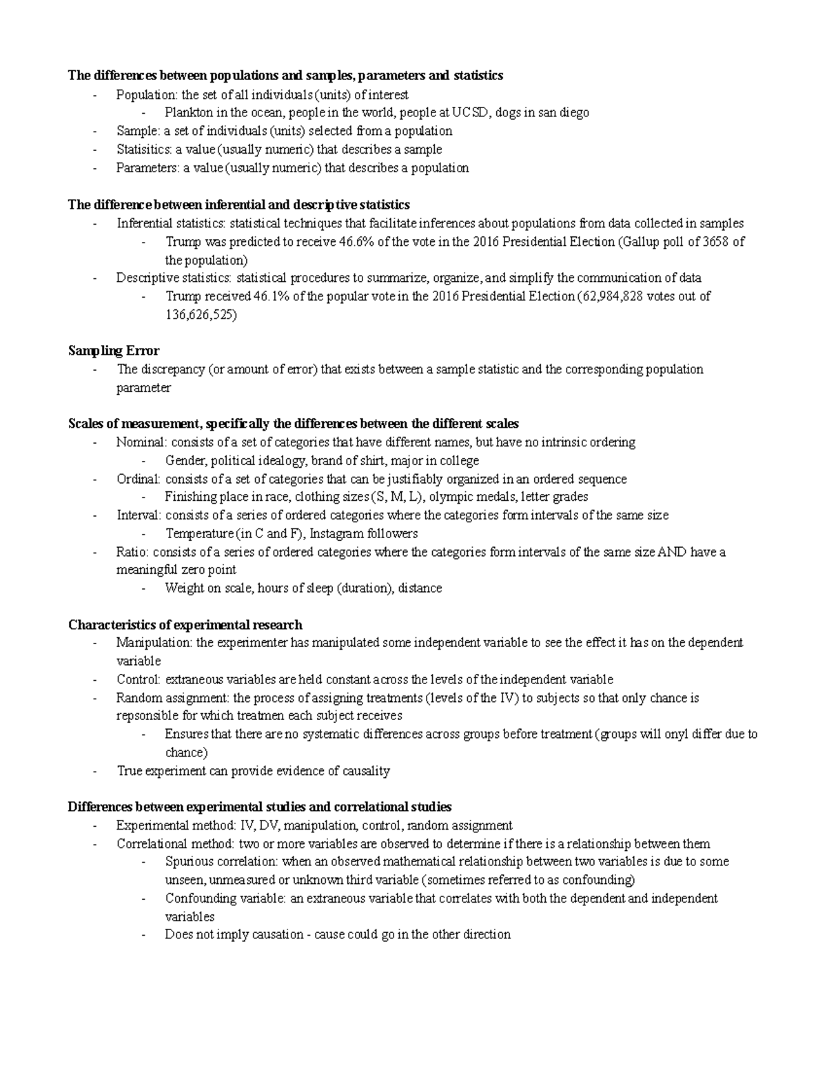 Midterm 2 Study Guide - The differences between populations and samples ...