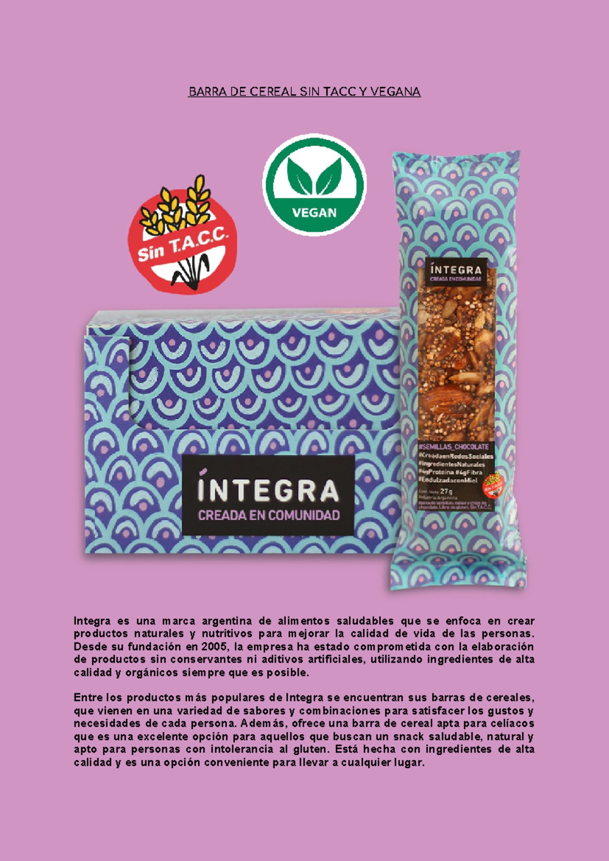 MKT Barra de cereal vegana - BARRA DE CEREAL SIN TACC Y VEGANA Integra ...