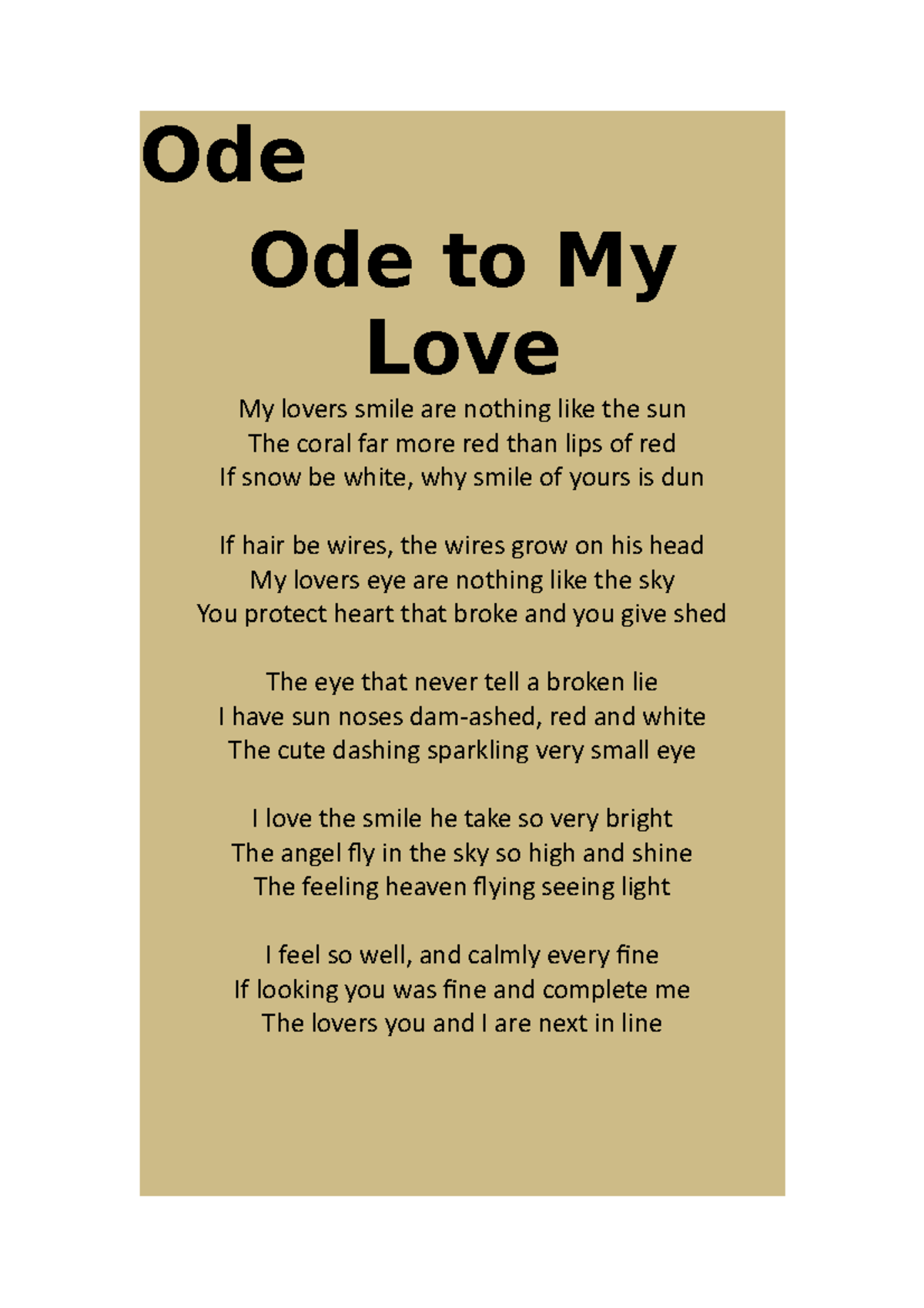 Creative writing - short essay story - Ode Ode to My Love My lovers ...