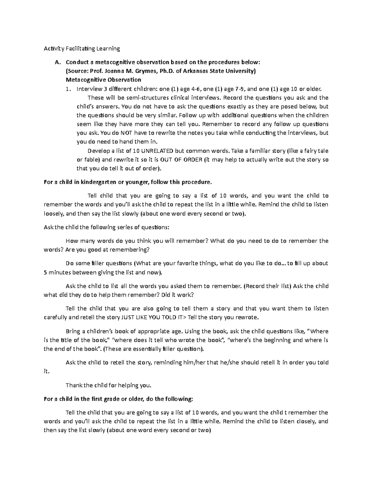 FLF-Metacognitive-Activity - Activity Facilitating Learning A. Conduct ...