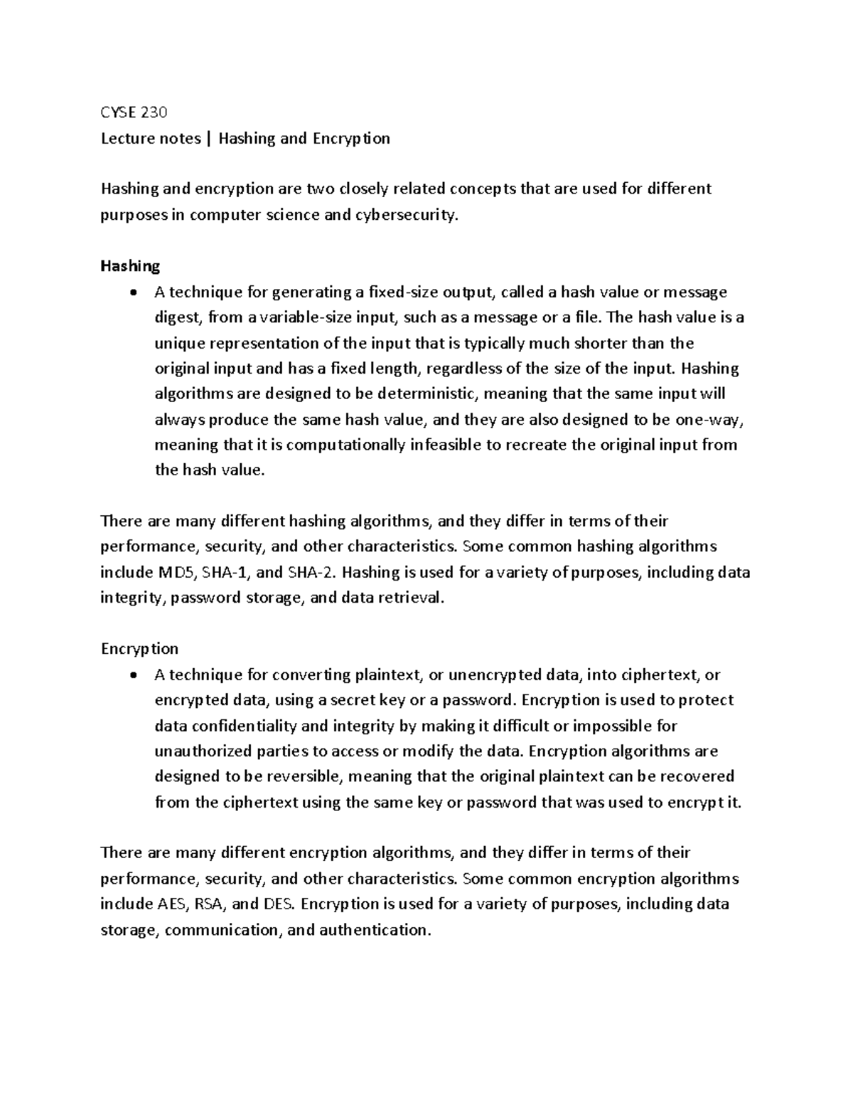 CYSE 230 Hashing and Encryption - CYSE 230 Lecture notes | Hashing and ...