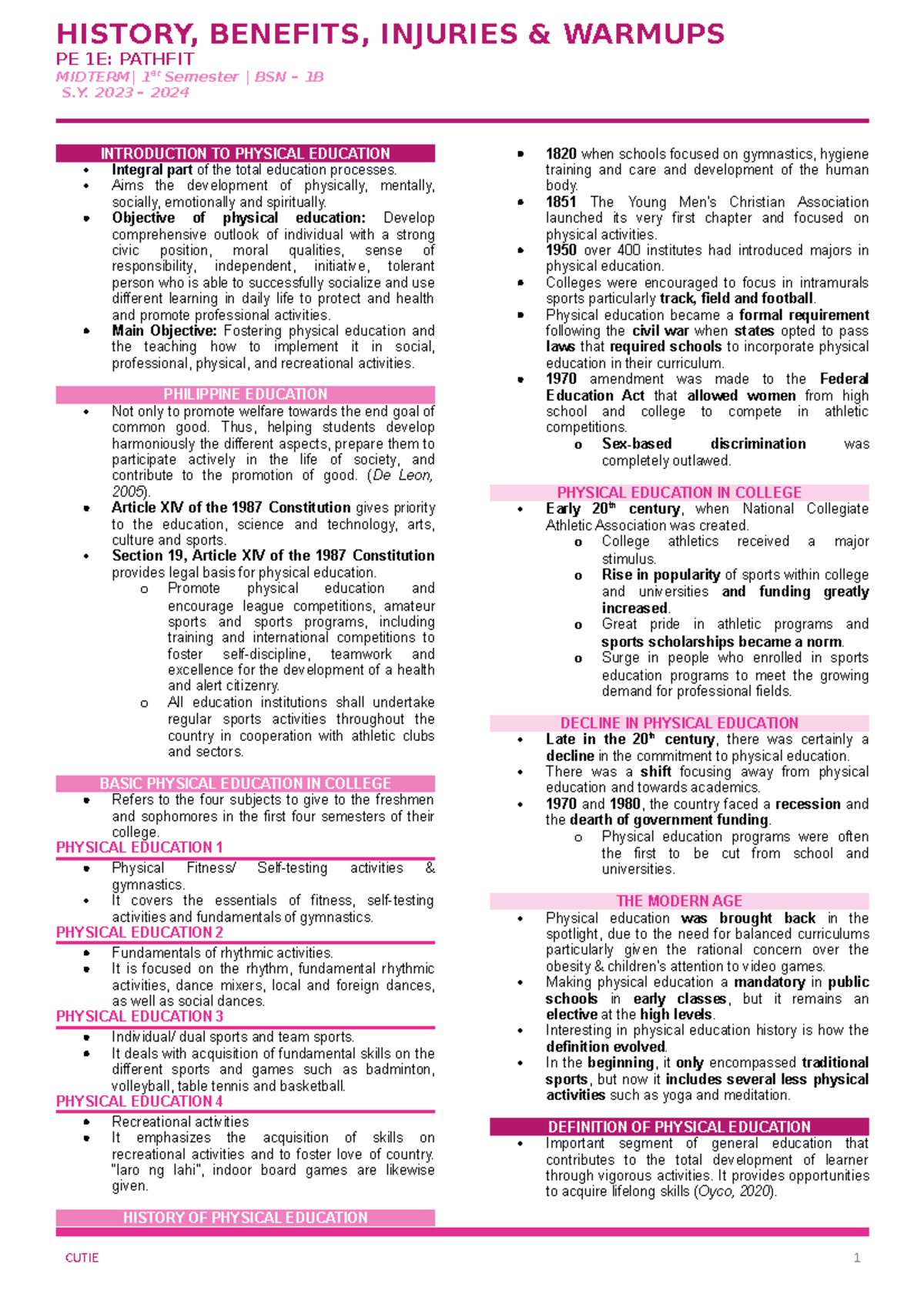 Pathfit Transes - HISTORY, BENEFITS, INJURIES & WARMUPS PE 1E: PATHFIT ...
