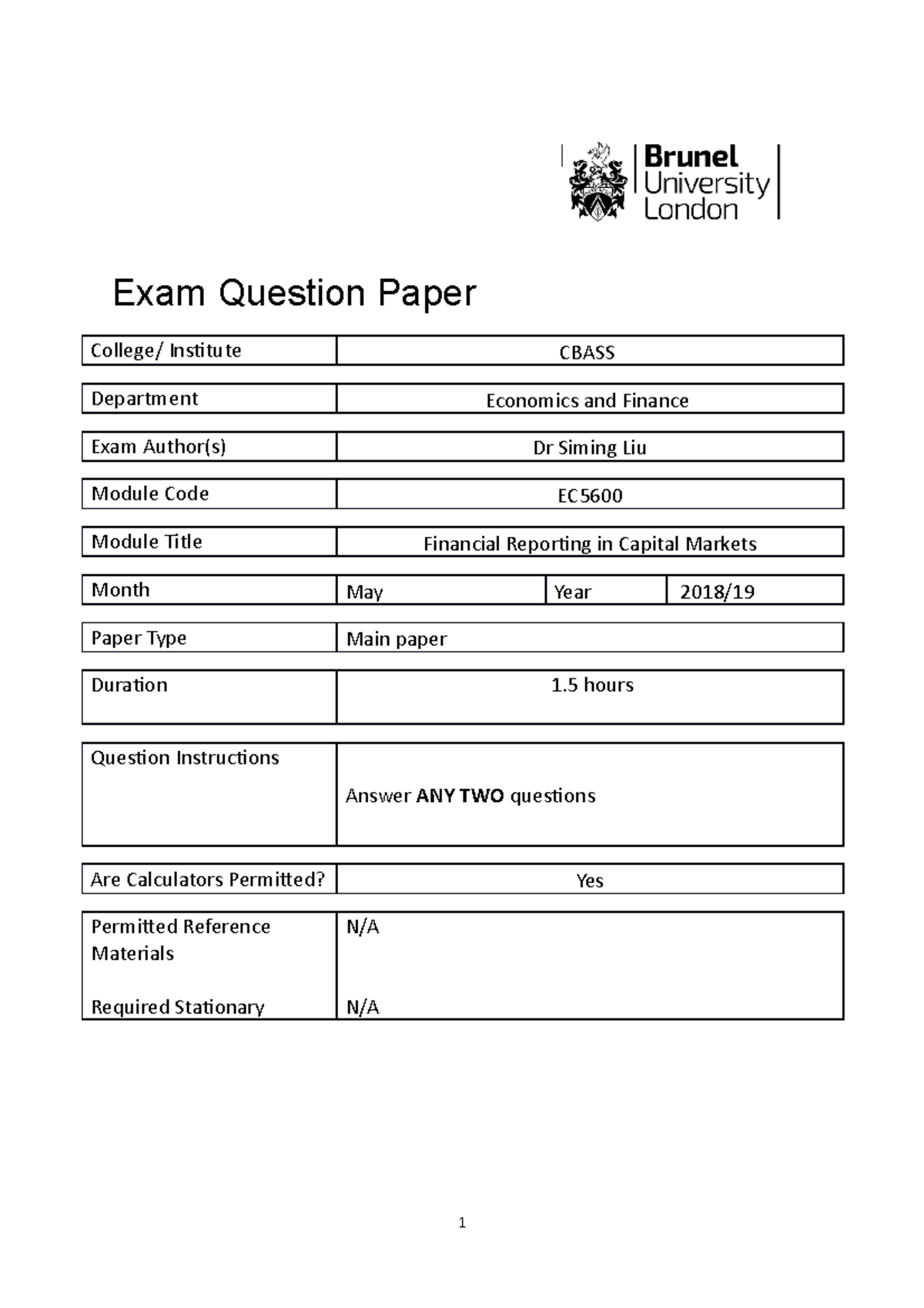 EC5600 May 2019 - final may exam paper - Exam Question Paper College ...