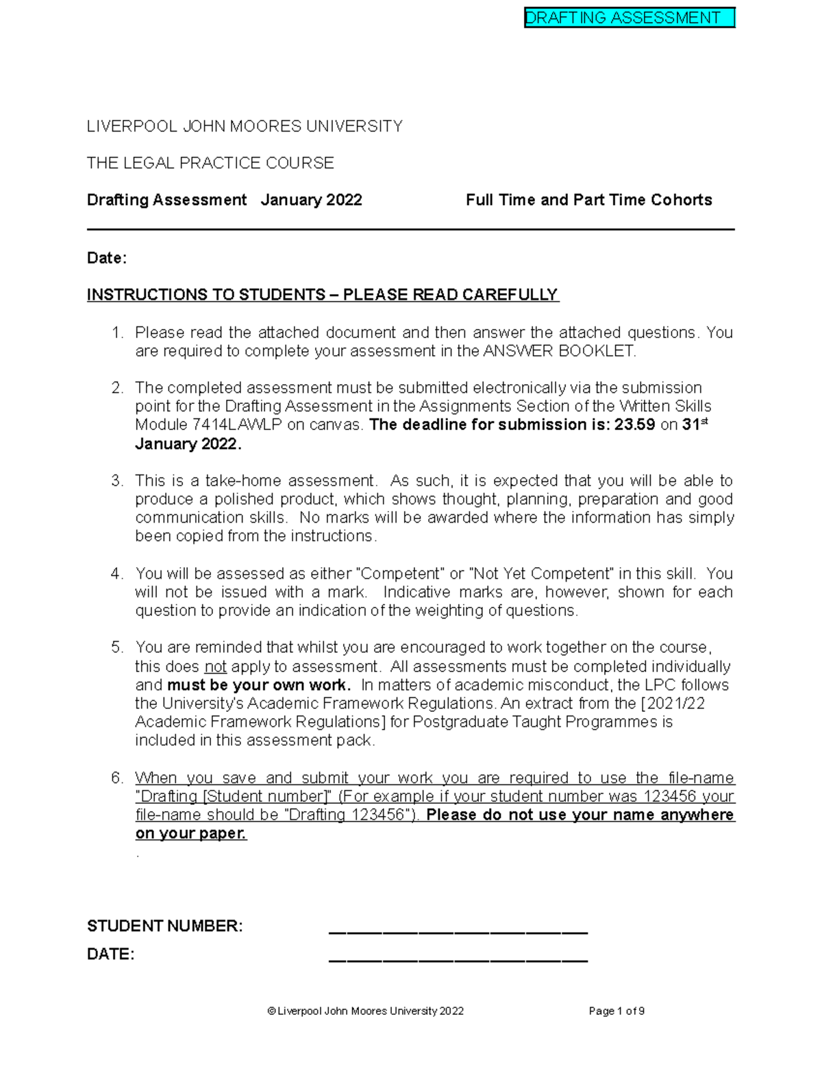 Drafting Assessment Jan 2022 - LIVERPOOL JOHN MOORES UNIVERSITY THE ...