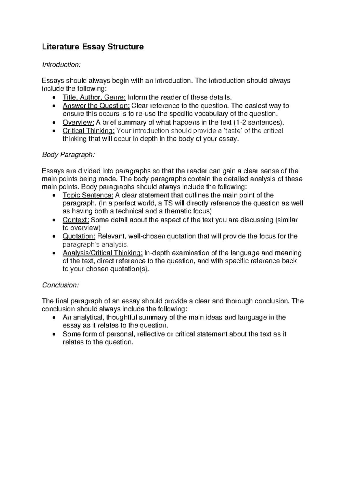 Essay Structure - Literature Essay Structure Introduction: Essays ...