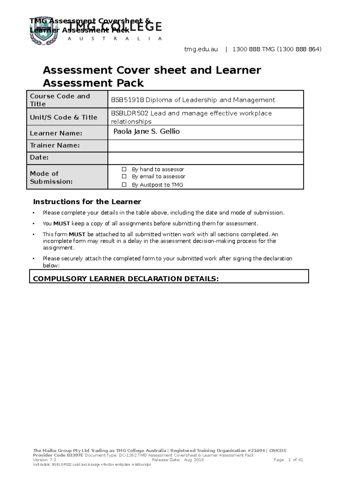 Bsbldr 502- Assessment Pack - TMG Assessment Coversheet & Learner ...