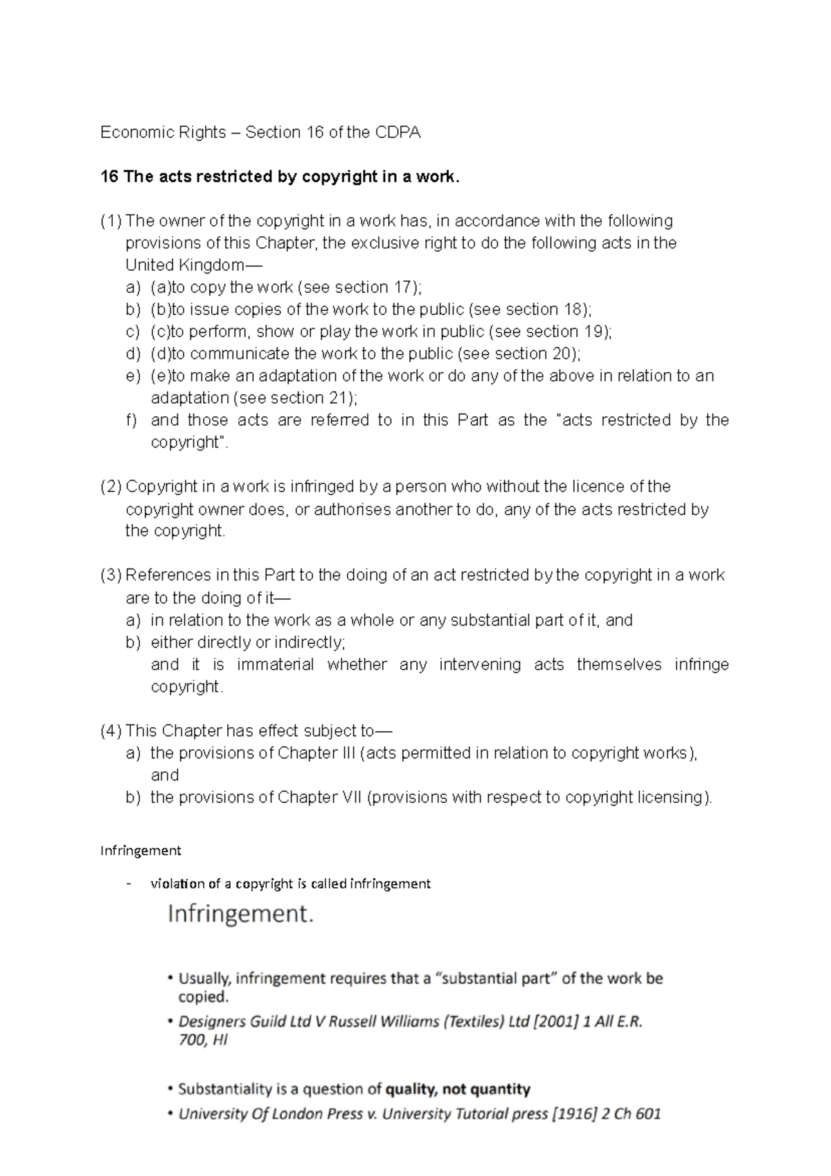 Copyright Part 3 – Lecture 4 Notes – Economic Rights, Infringement ...