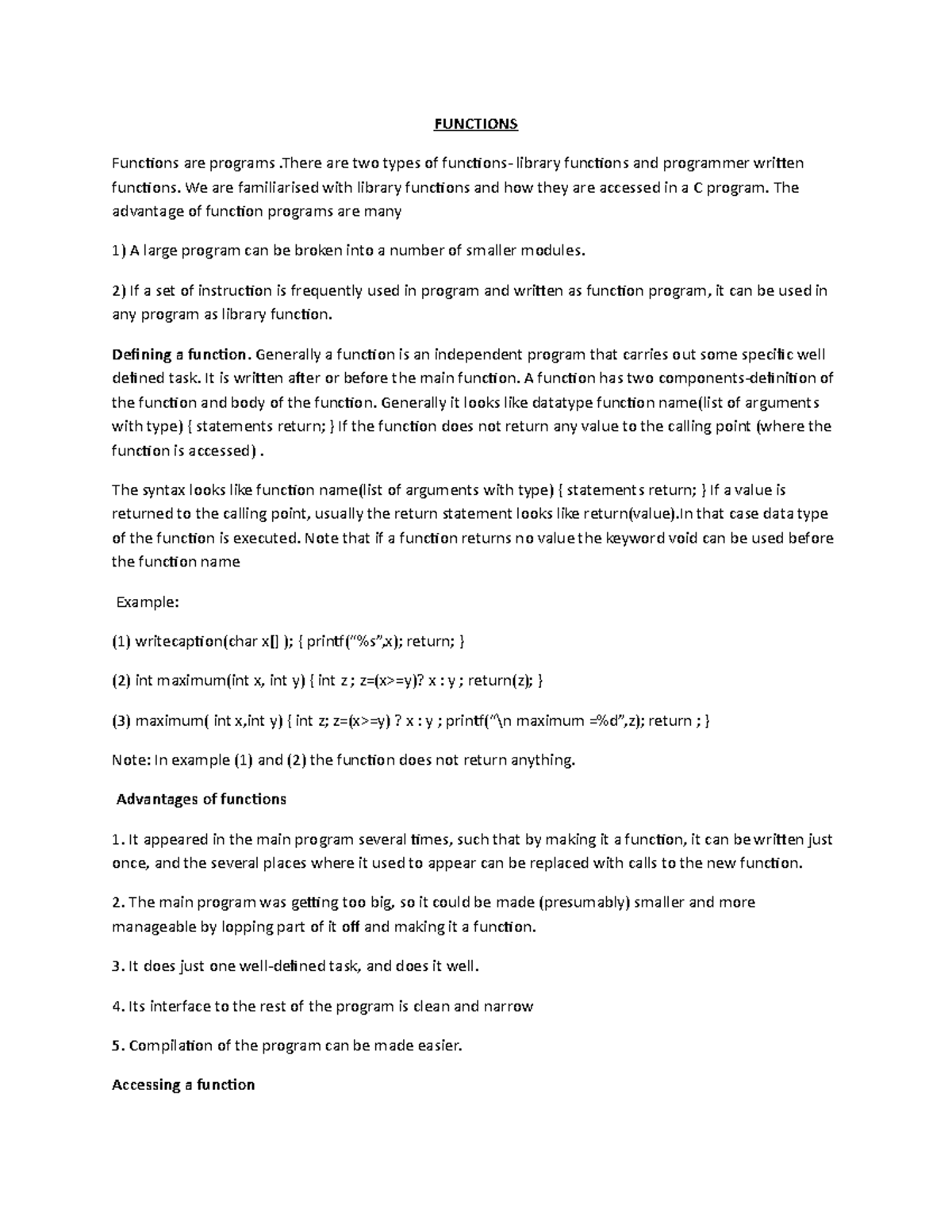 Functions, defining, accessing, advantages. prototype, passing ...